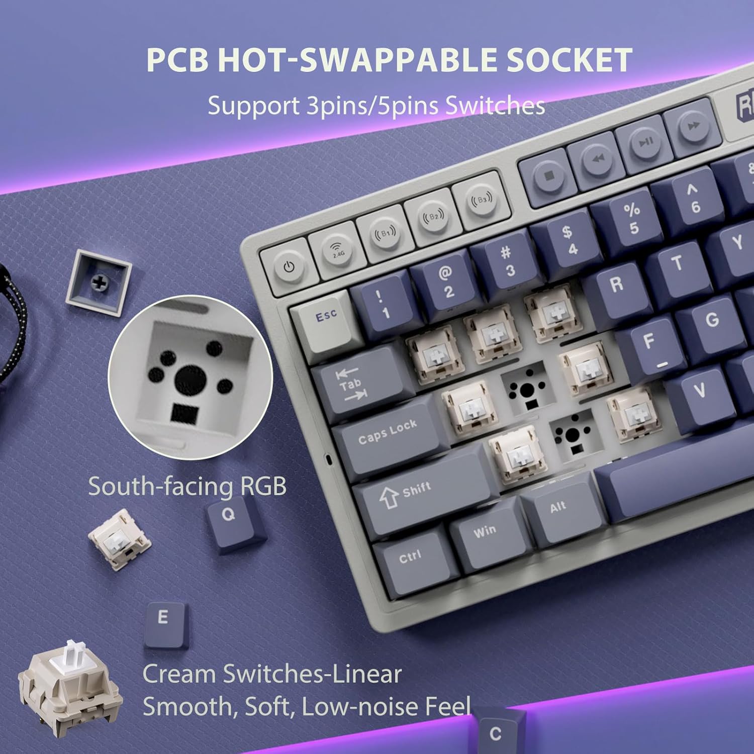 RK ROYAL KLUDGE M65 Ocean Blue Wireless Mechanical Keyboard with Tri-M ...