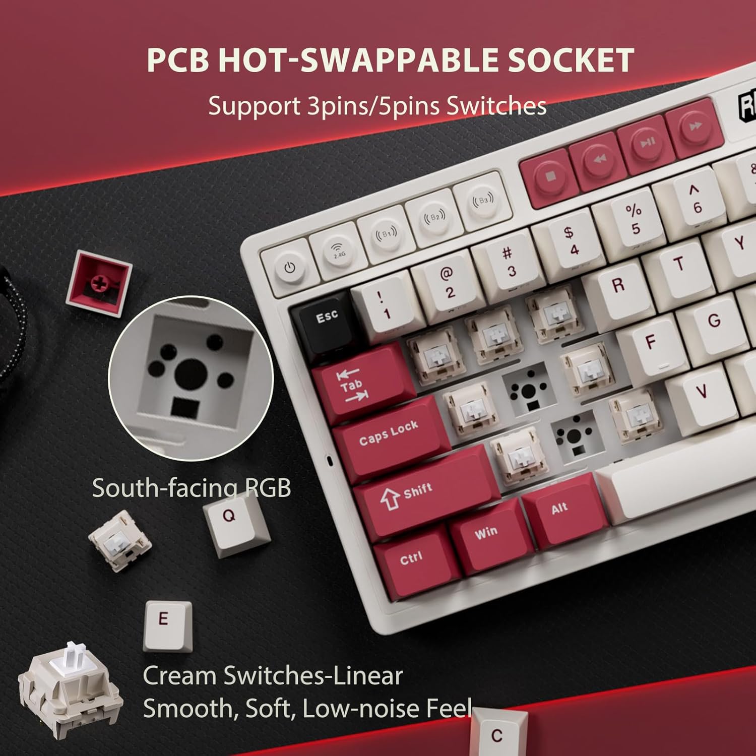 RK ROYAL KLUDGE M65 Tri mode Wireless Mechanical Keyboard with-Mode Ga ...