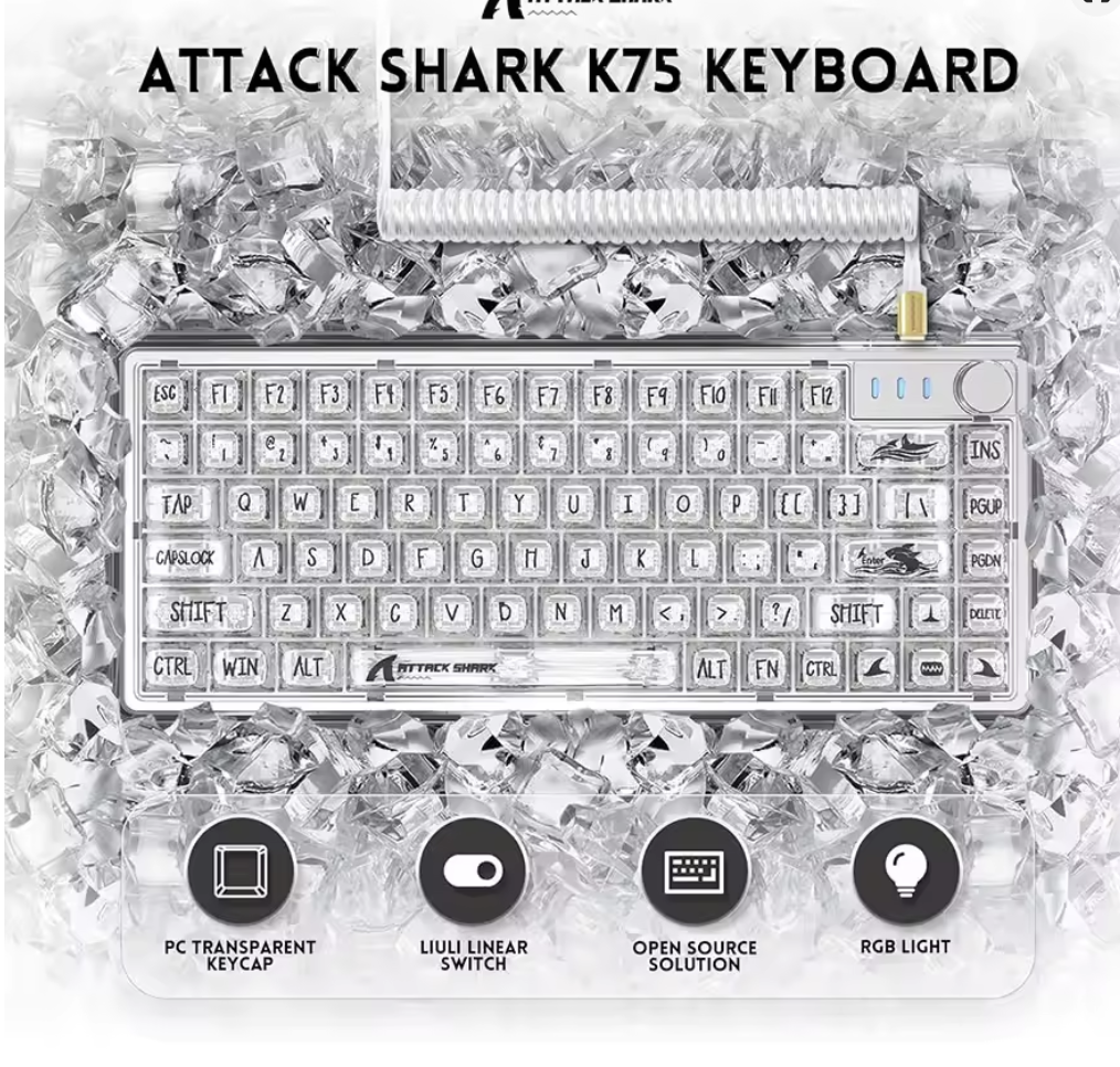 ATTACK SHARK K75 RGB Mechanical Keyboard, Transparent PC Keycaps, Gask ...