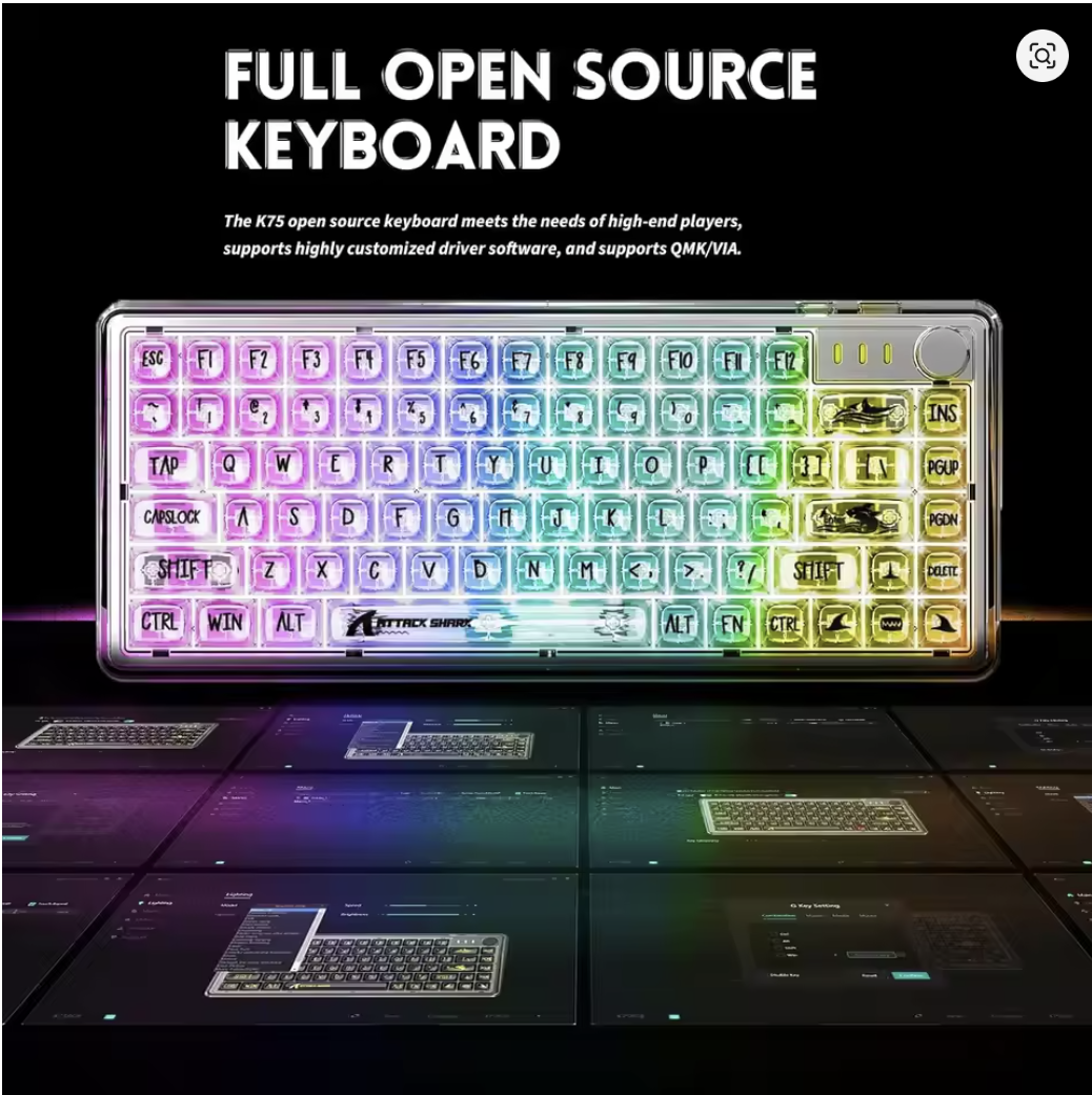 ATTACK SHARK K75 RGB Mechanical Keyboard, Transparent PC Keycaps, Gask ...